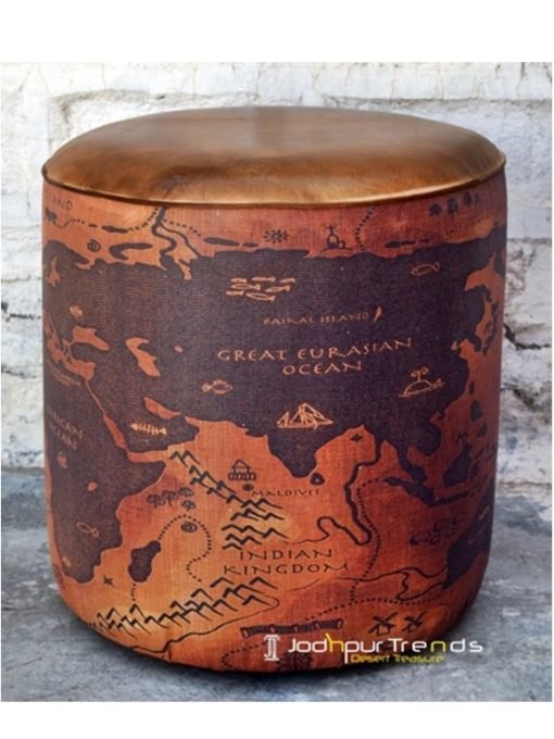 World Map Design Printed Round Pouf Design